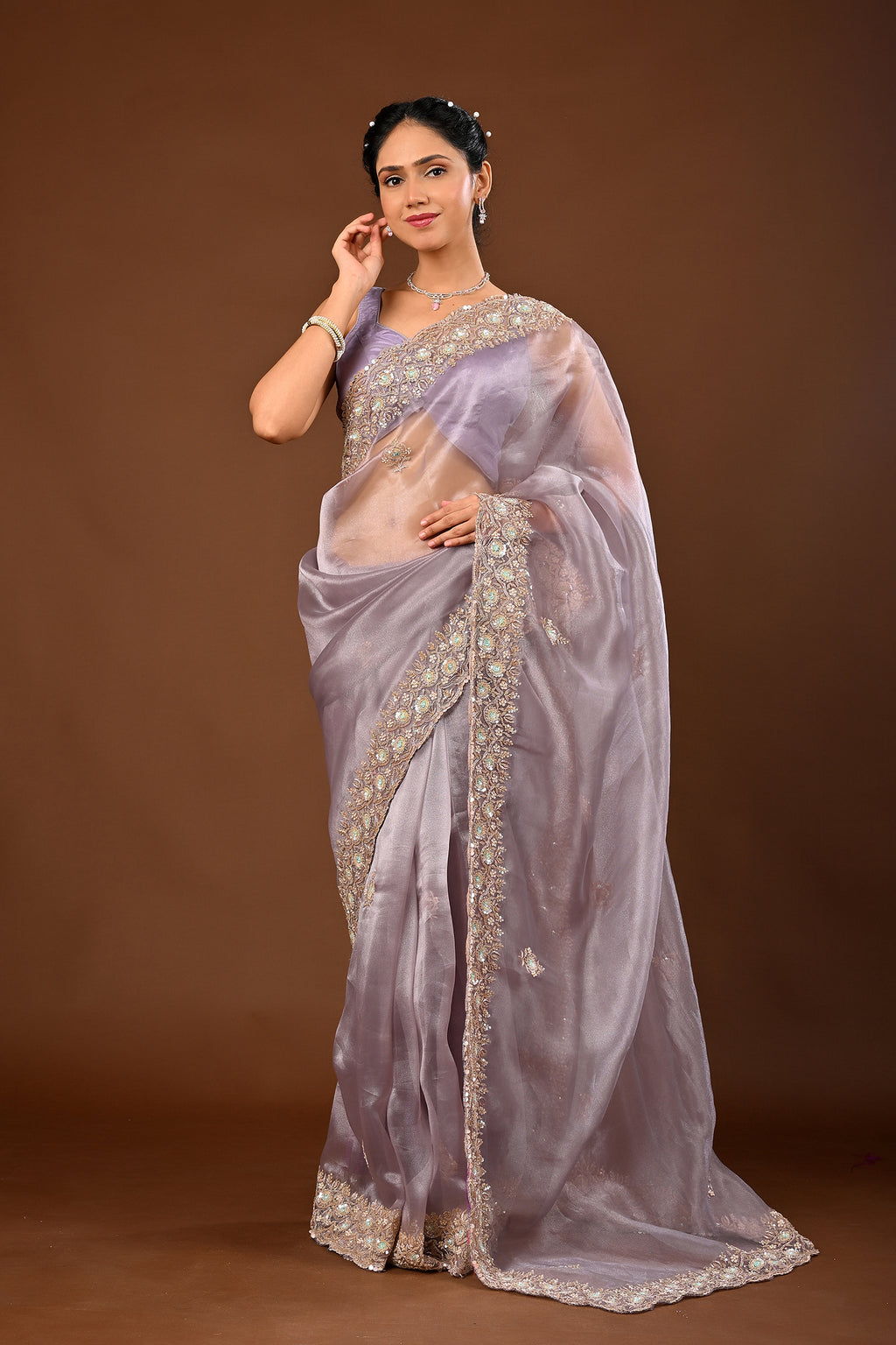 Light Greyish Tissue Saree with Heavy Salma Outline with Mirror, Cutda ...